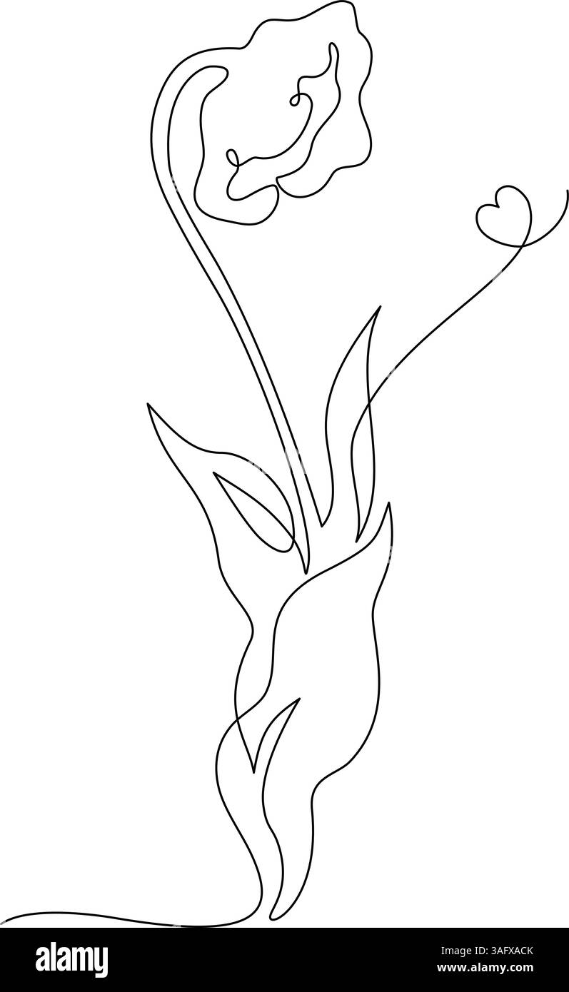 Beautiful Flower with Leaves and Heart in One Continuous Line Drawing ...