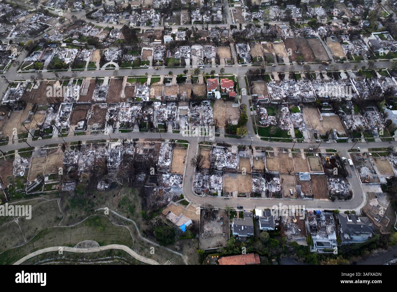 An aerial view of burned homes from the Palisades Fire, Monday, April 7 ...