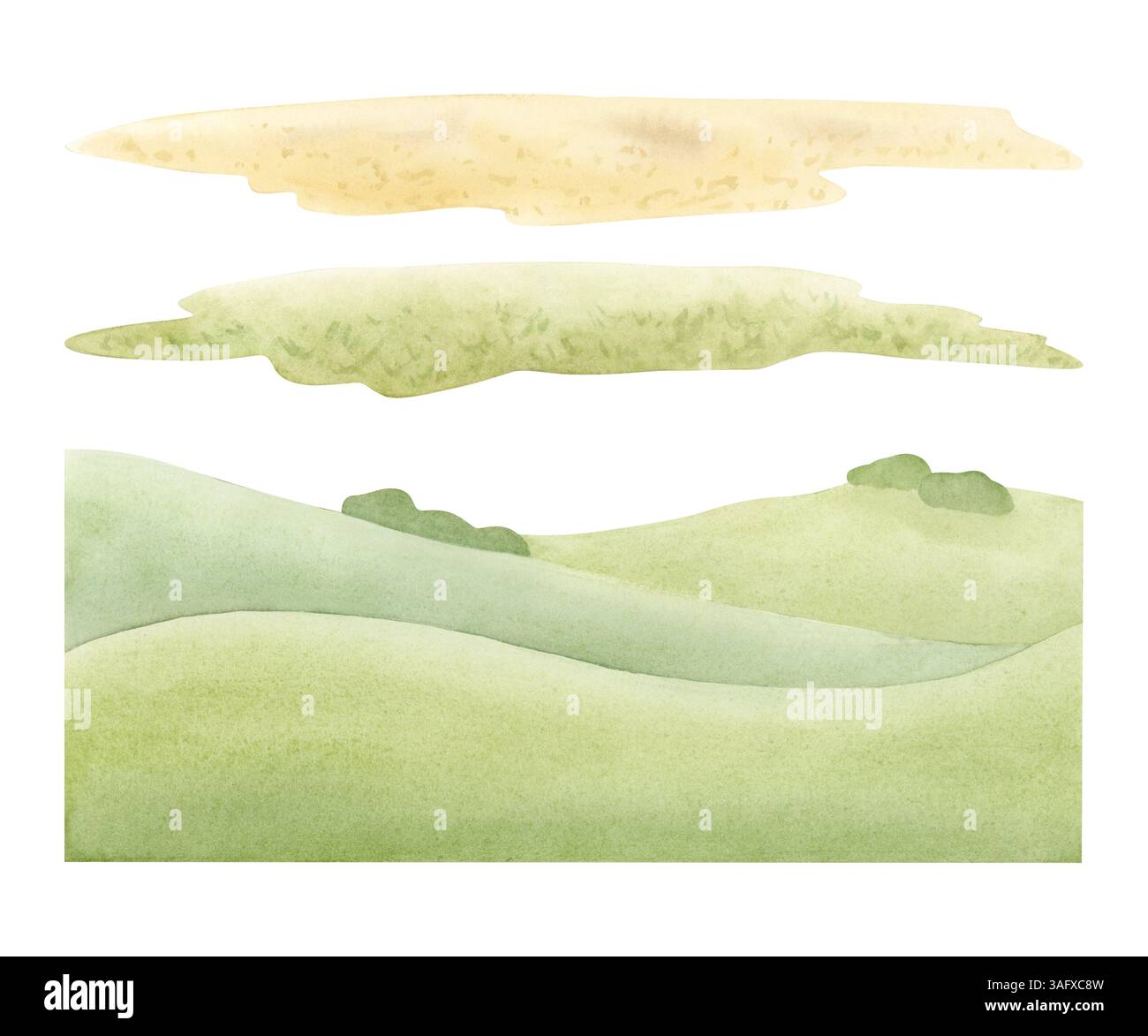 Watercolor green hills, fields, grass and sand grounds design illustration kit. Minimalist rural ...