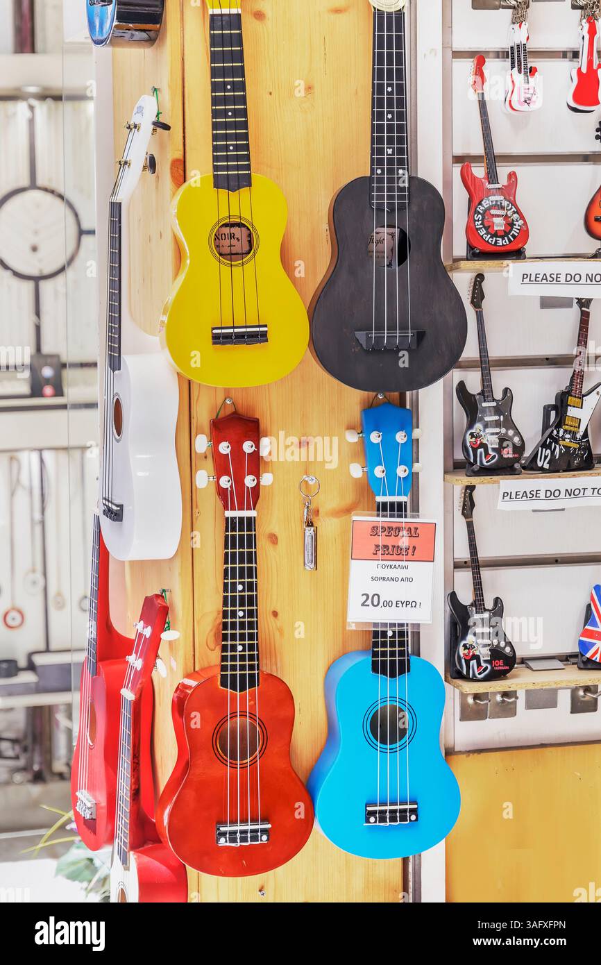 Traditional Greek musical instruments on display, Athens; Greece ...