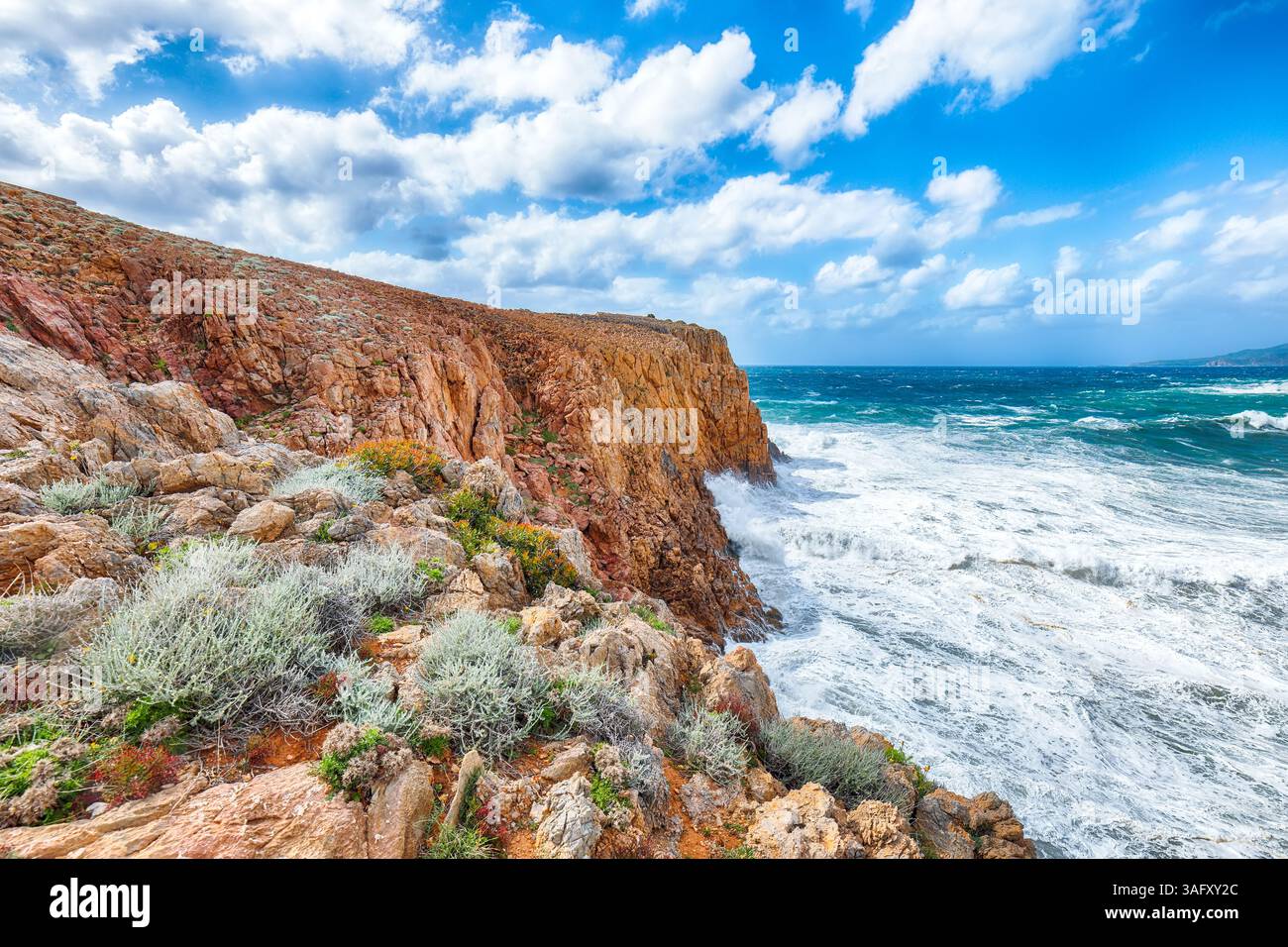 Attractive view of cliffs in valley Cala Domestica and storm on the sea ...