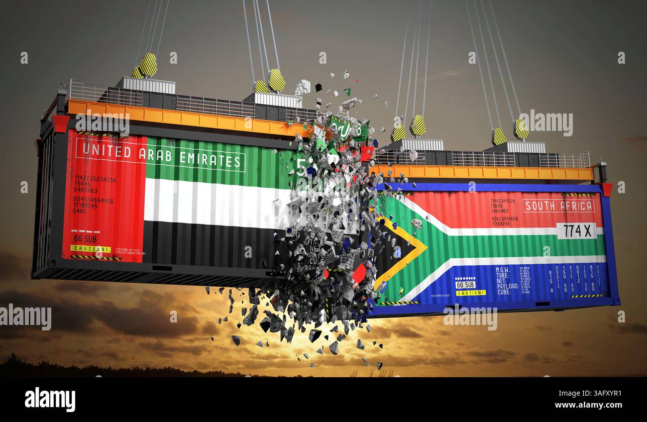 Cargo containers with flags of United Arab Emirates and South Africa ...