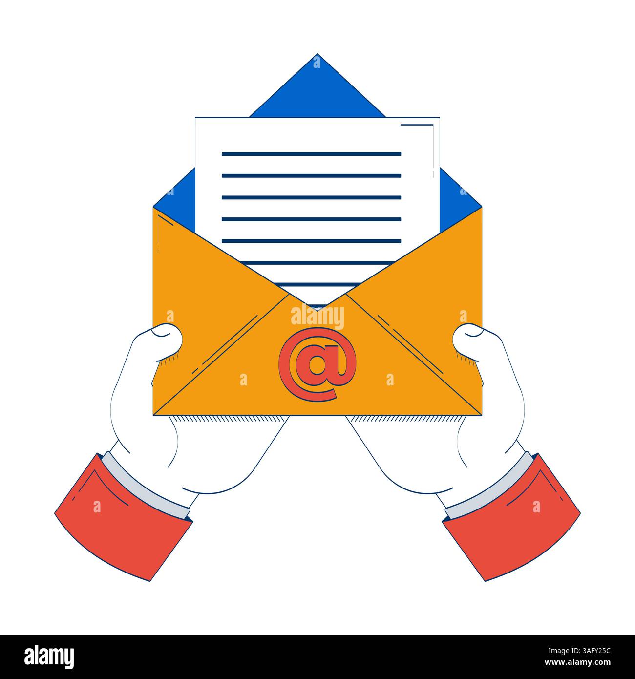 Hands holding open email envelope with document doodle cartoon ...