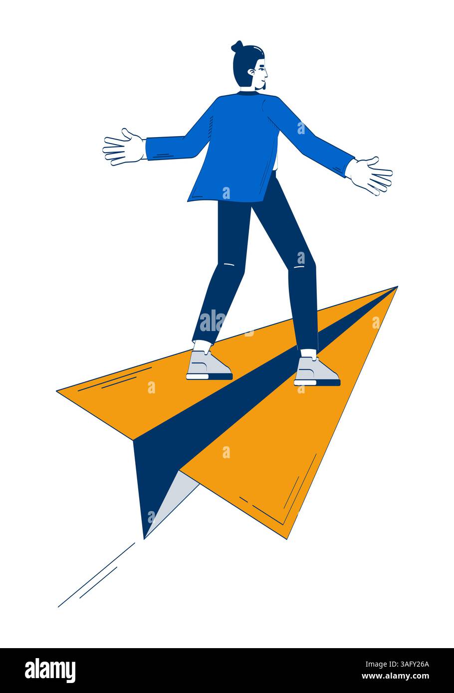 Confident business man riding forward on large paper plane 2D doodle ...