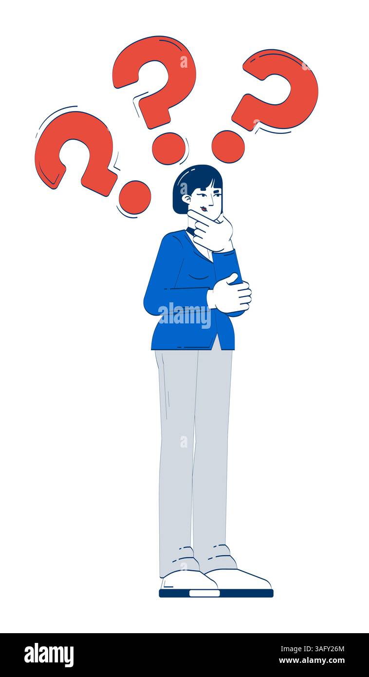 Asian business woman thinking with question marks 2D doodle character ...
