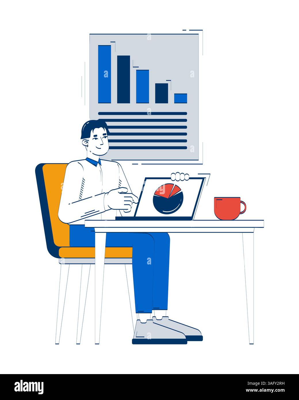 Korean male office worker analyzing charts on laptop at desk 2D doodle ...