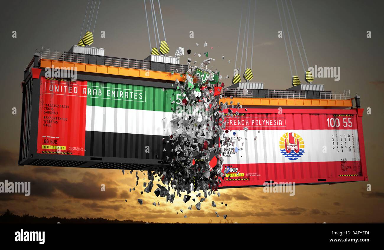 Cargo containers with flags of United Arab Emirates and French ...