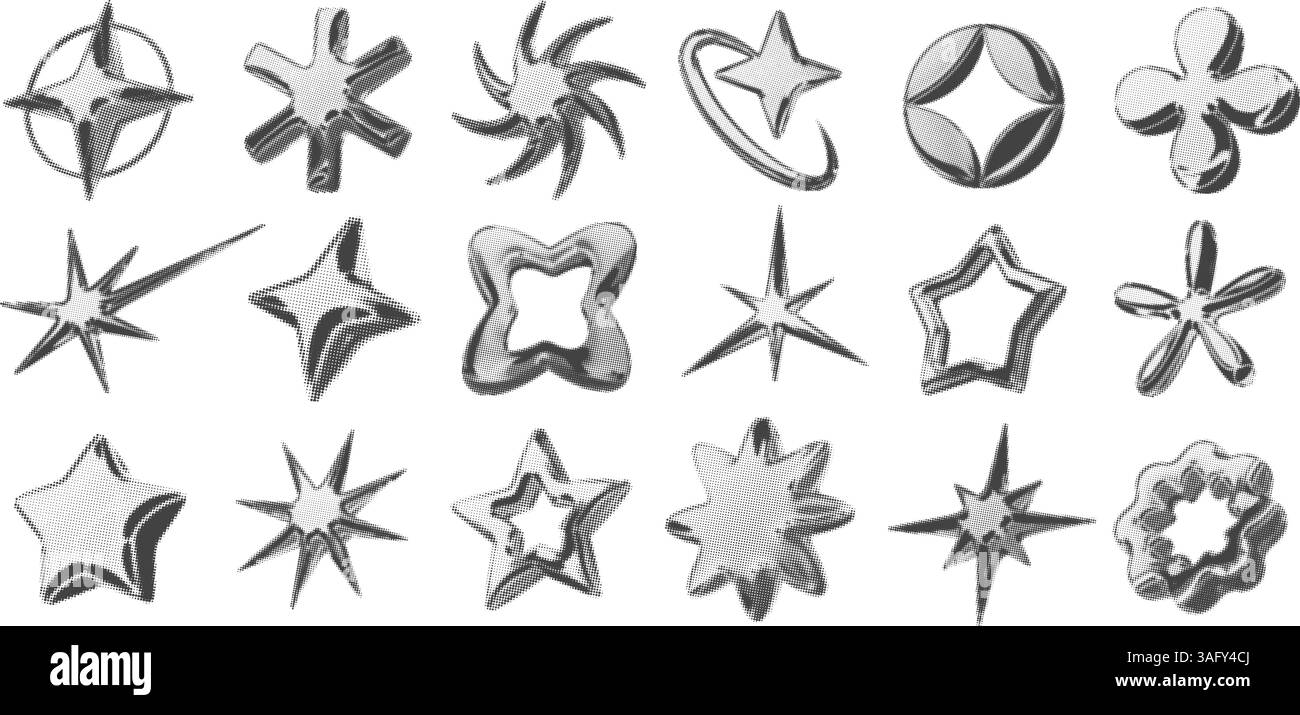 Y2k 3d chrome halftone stars shape retro abstract elements vector ...