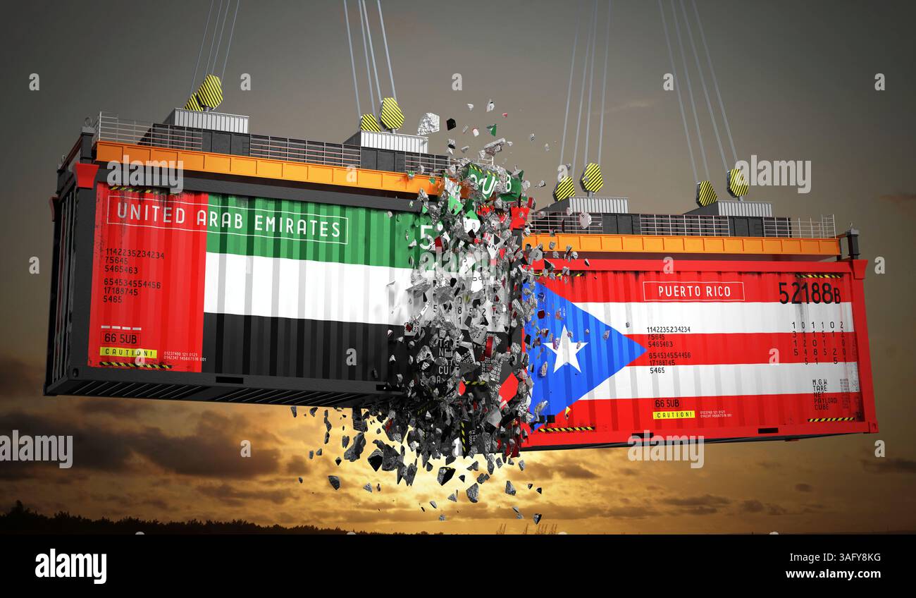 Cargo containers with flags of United Arab Emirates and Puerto Rico ...