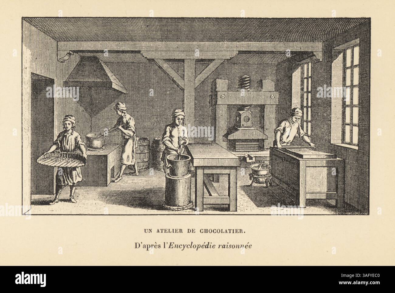 French chocolate maker or chocolatier's factory, 18th century. Kitchen ...