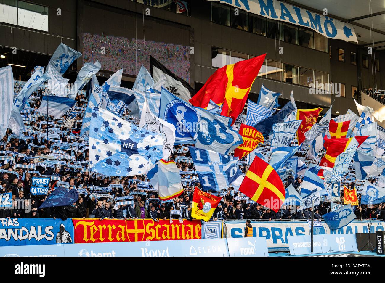 Malmoe, Sweden. 07th Apr, 2025. Football fans of Malmoe FF seen on the ...