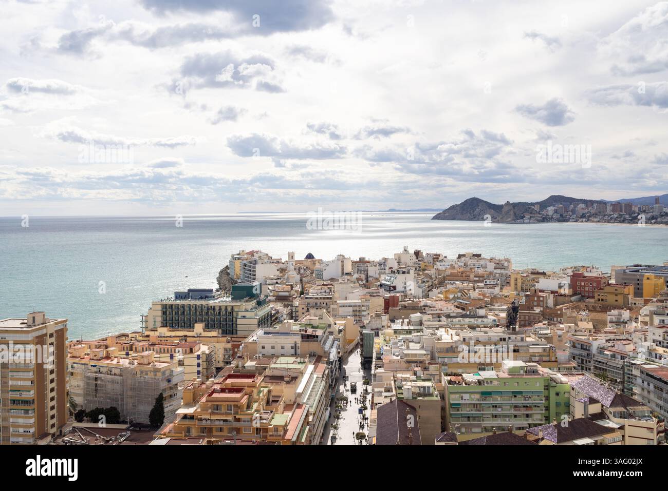 Aerial photo of the Spanish town of Benidorm in Spain showing the old ...