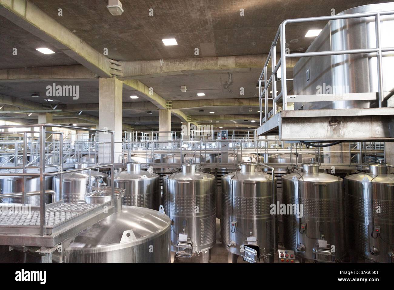 Inside a Chilean wine distillery, showcasing stainless steel tanks and ...