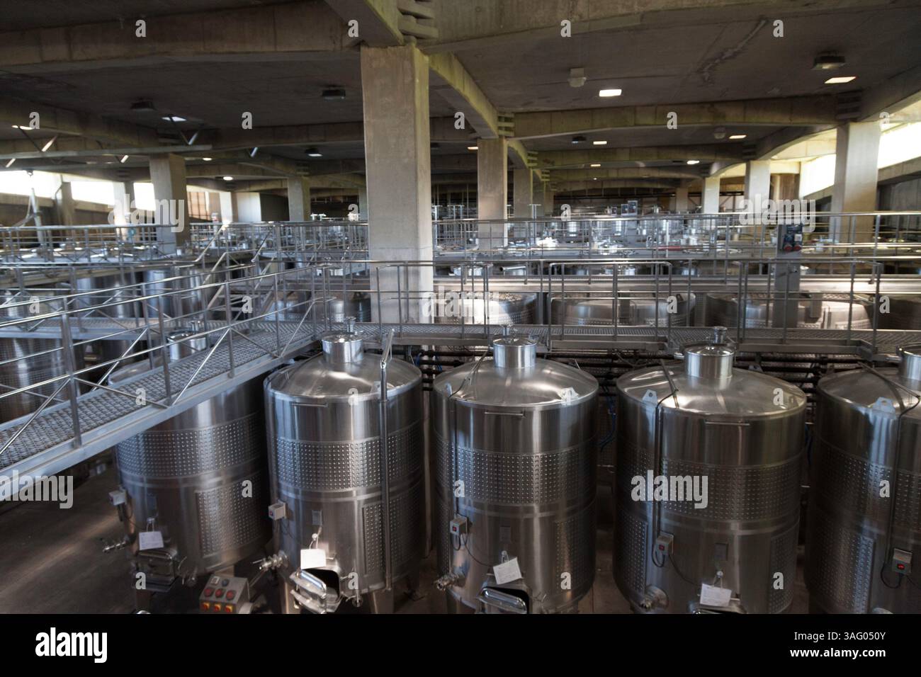 Inside a Chilean wine distillery, showcasing stainless steel tanks and ...