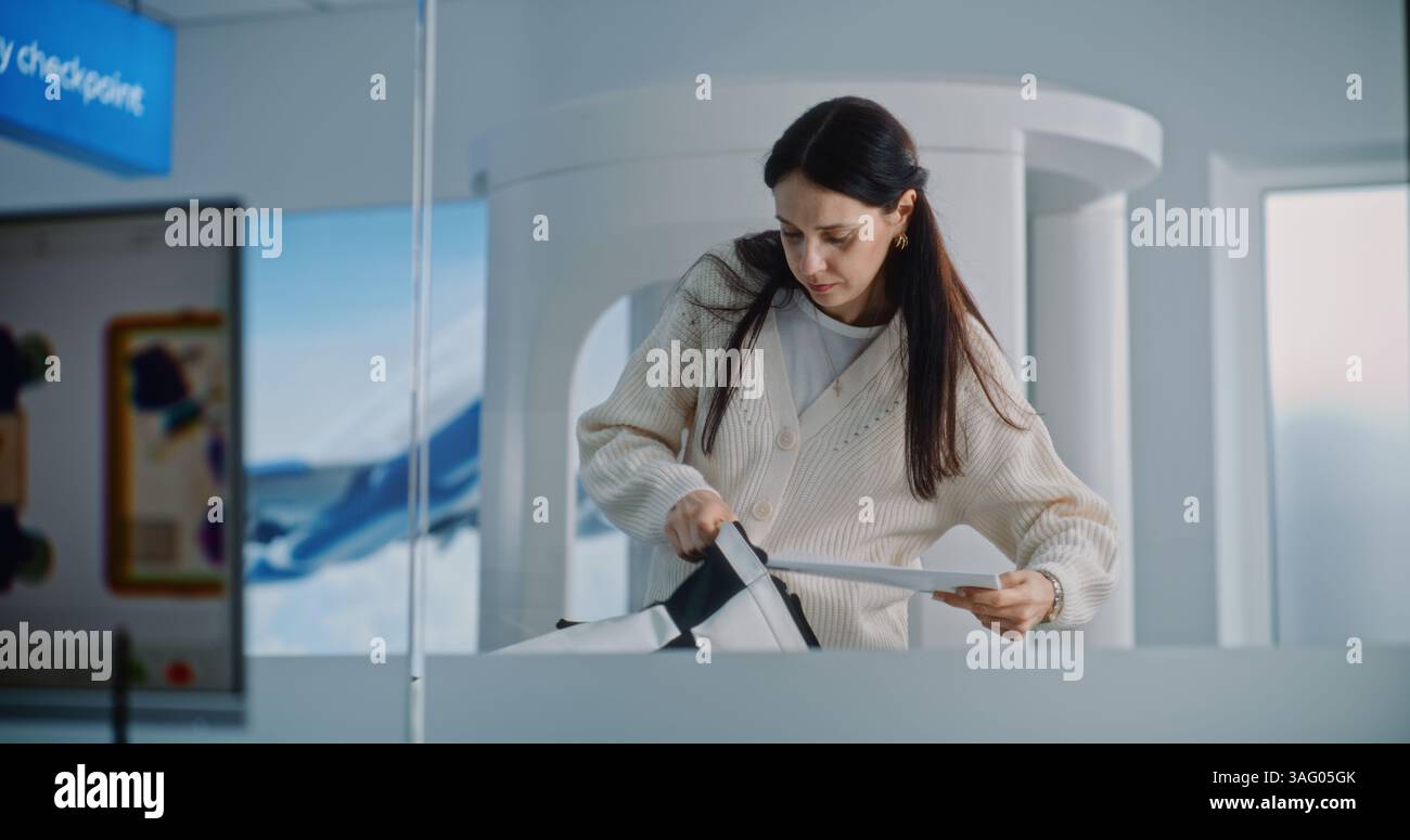 Airport Security Checkpoint: Adult Woman, Traveler with Carry-On ...