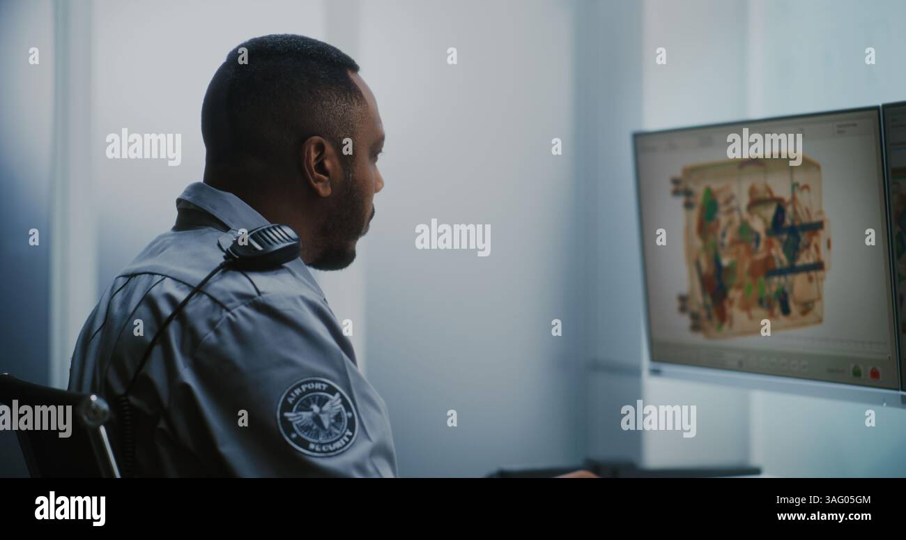 Airport Security Checkpoint: African American TSA Worker Controlling ...