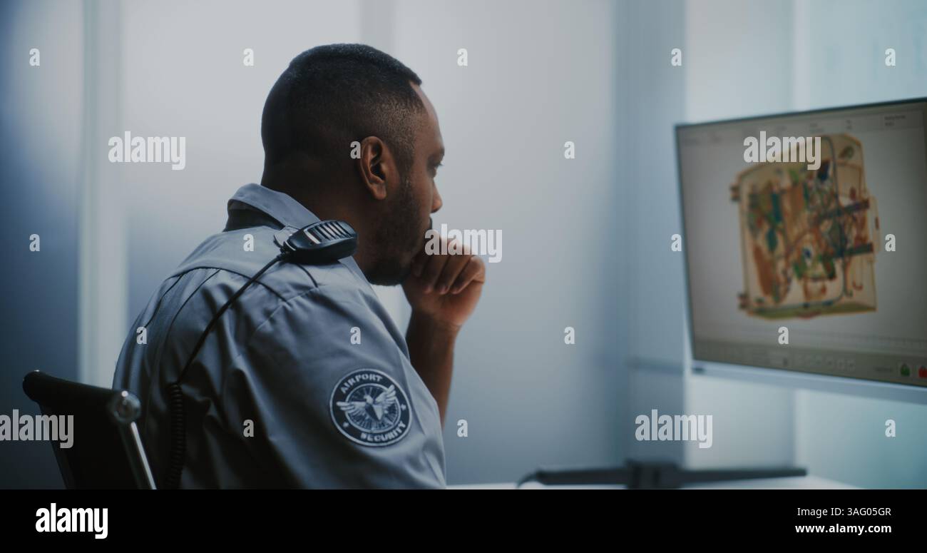 Airport Security Checkpoint: African American TSA Worker Controlling ...