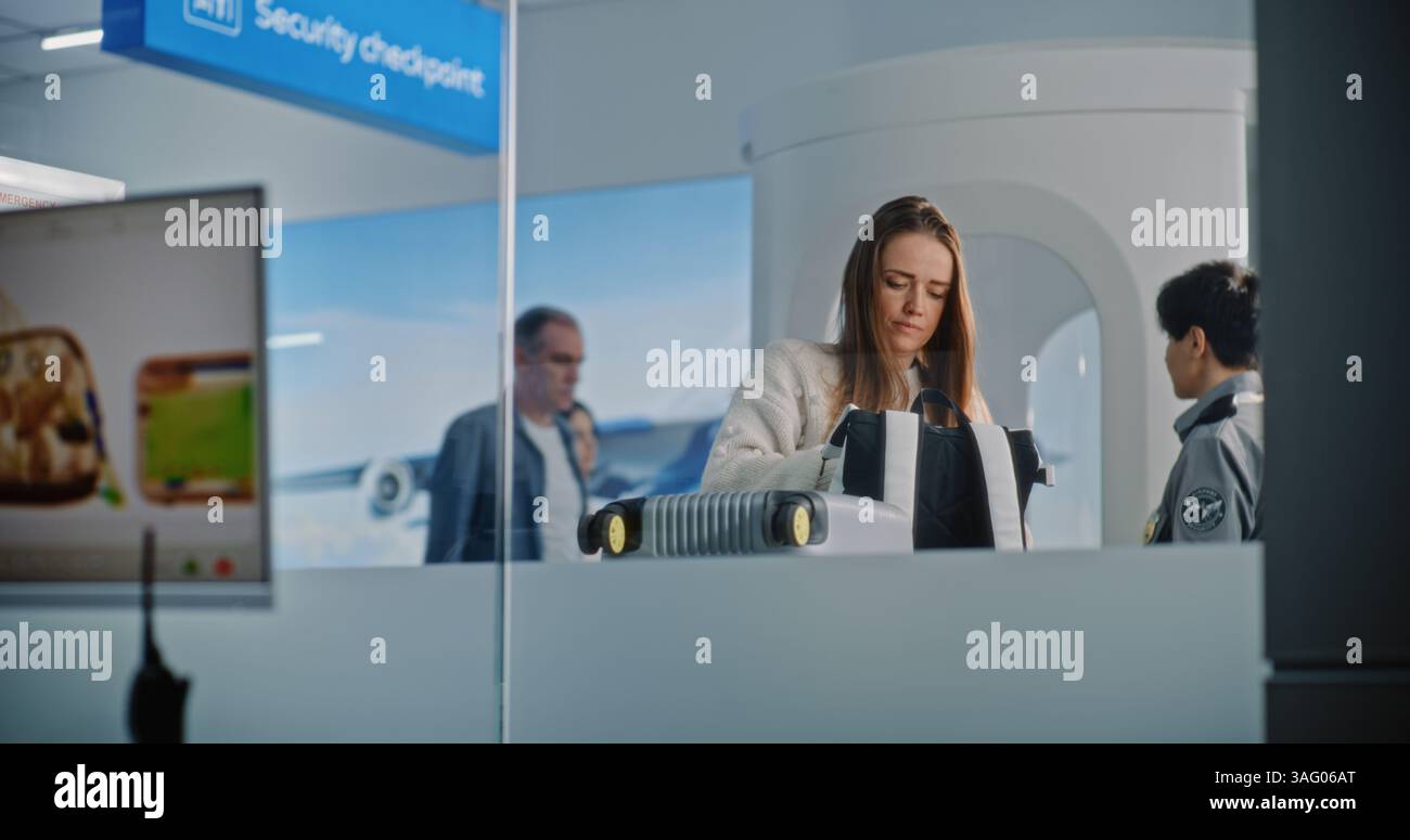 Airport Security Checkpoint: Woman During Screening Procedure with Carry-On Luggage and Suitcase ...