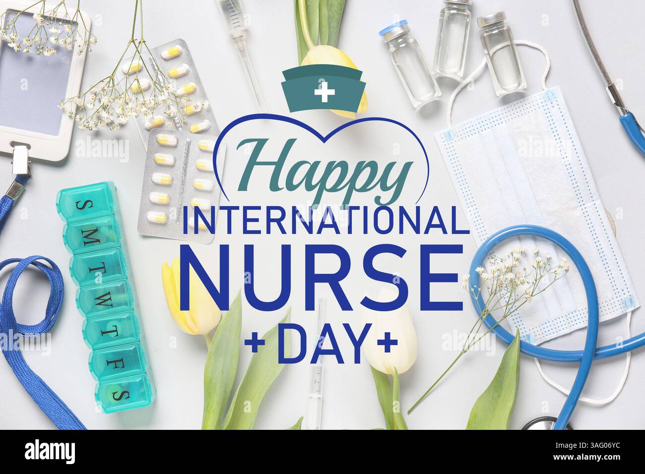 Pills, ampules, syringes, medical mask and flowers on light background ...