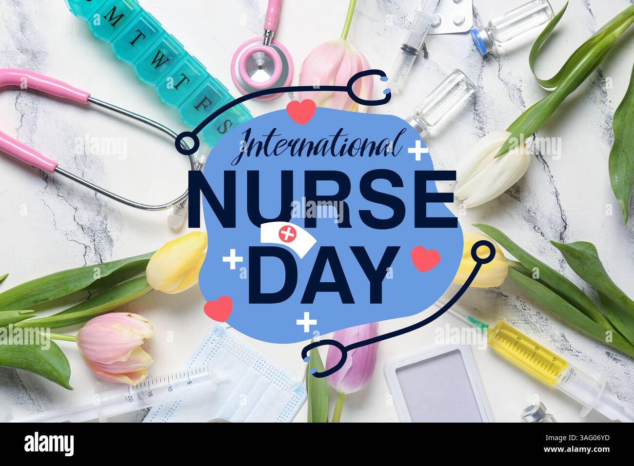 Stethoscope, syringes, ampules and tulip flowers on light background ...