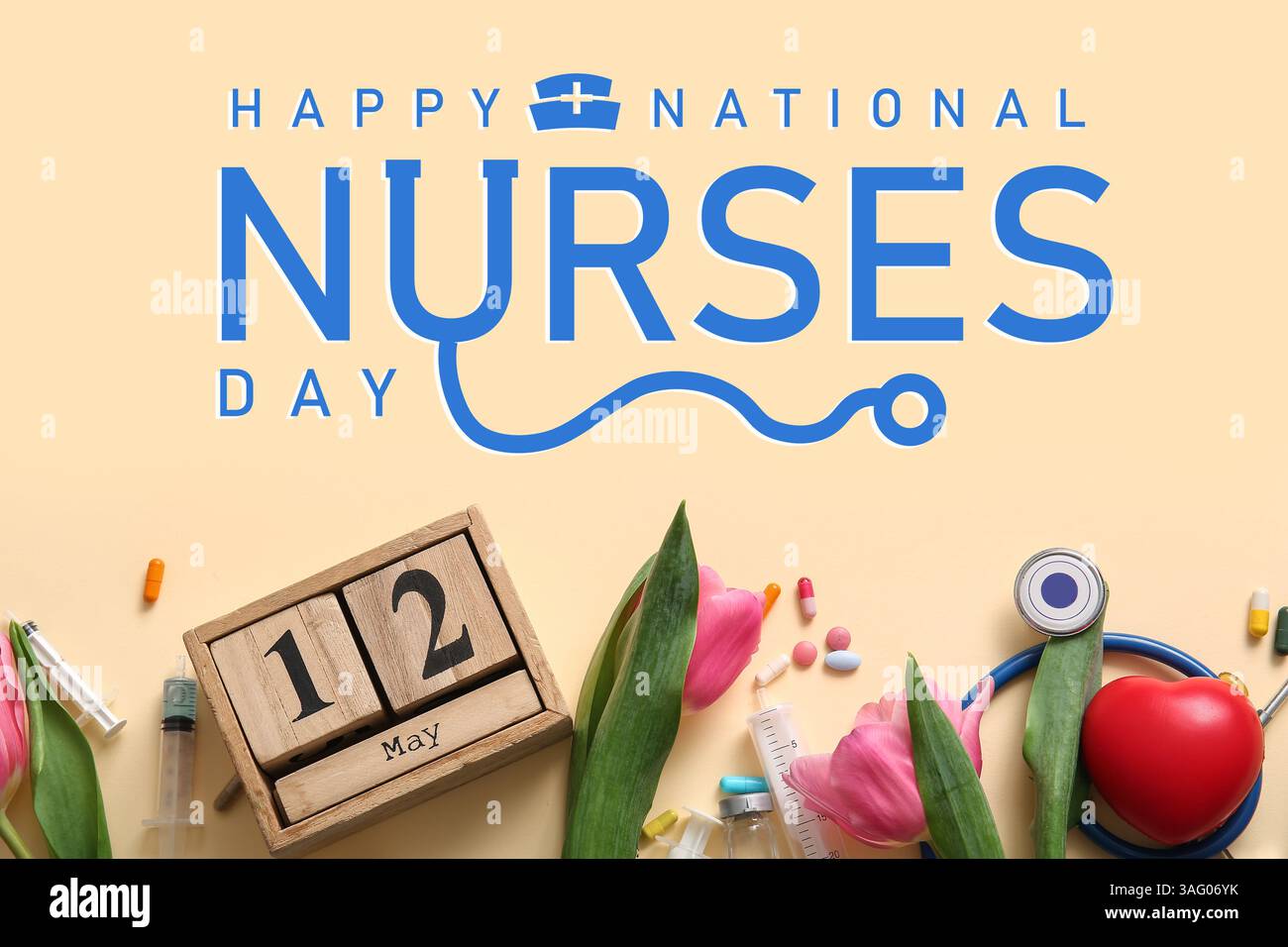 Stethoscope with flowers, syringes, pills and calendar on beige ...