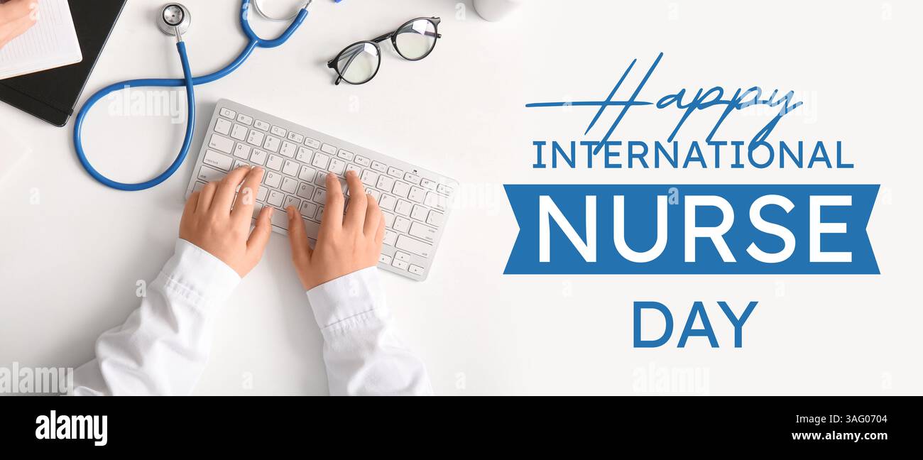 Doctor's hands typing on computer keyboard on white background. Banner ...