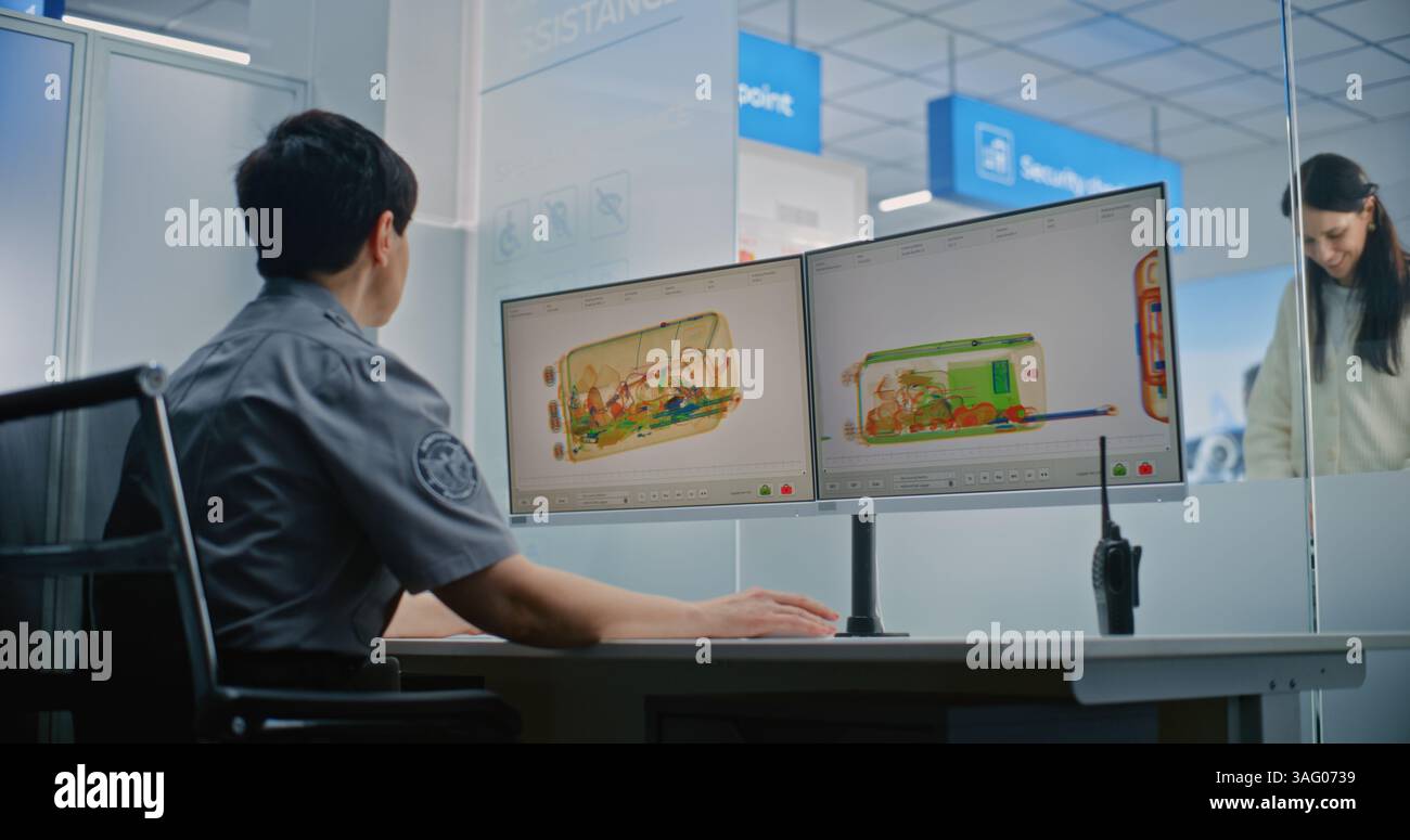 Airport Security Checkpoint: Female TSA Worker Controlling X-ray Metal ...