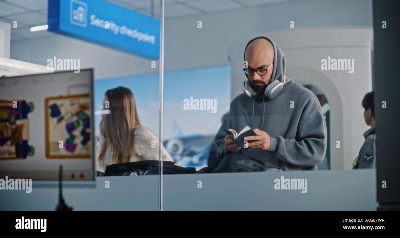 Airport Security Checkpoint: Diverse People with Carry-On Baggage and ...