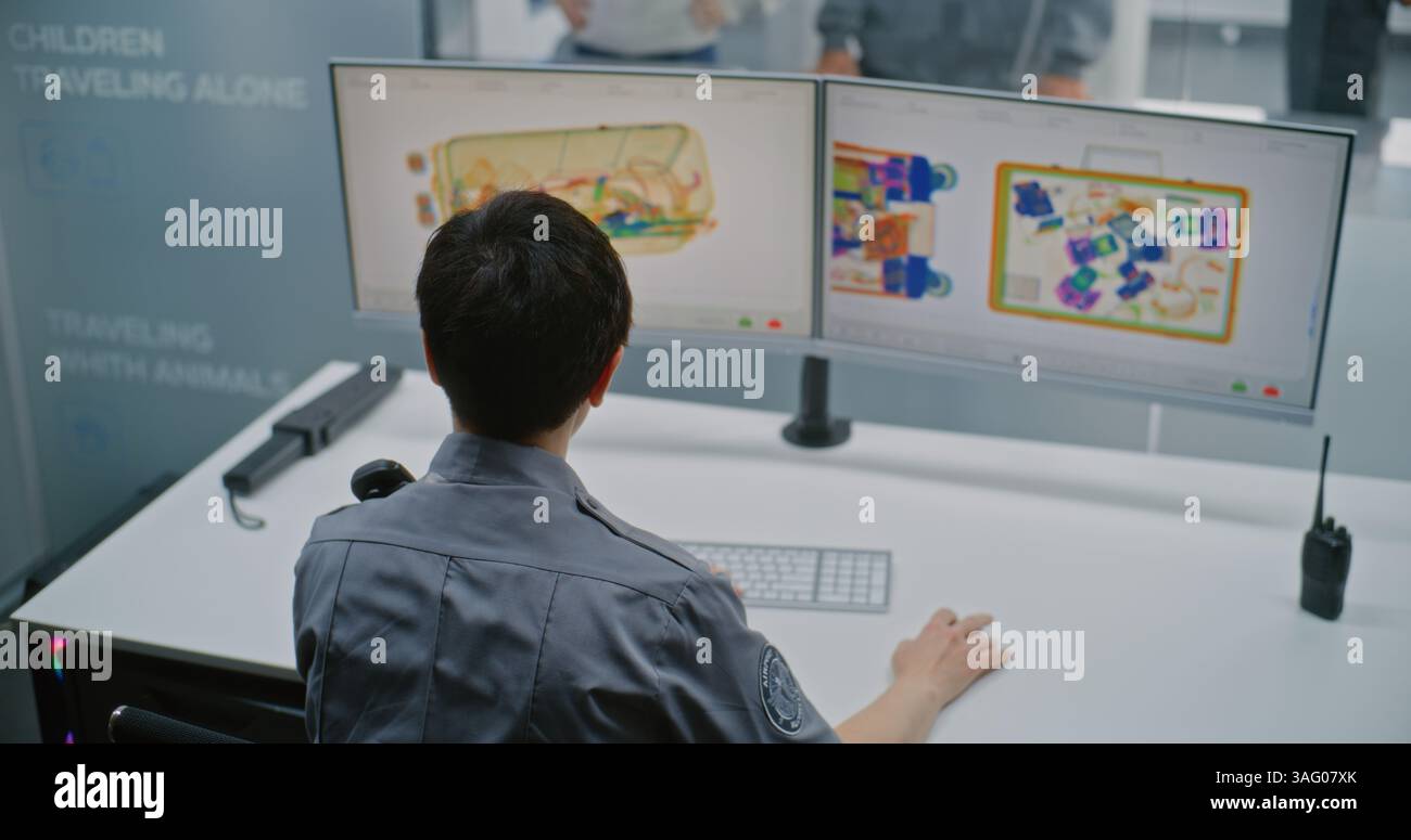 Airport Terminal Checkpoint: Female Security Officer Monitoring X-ray ...