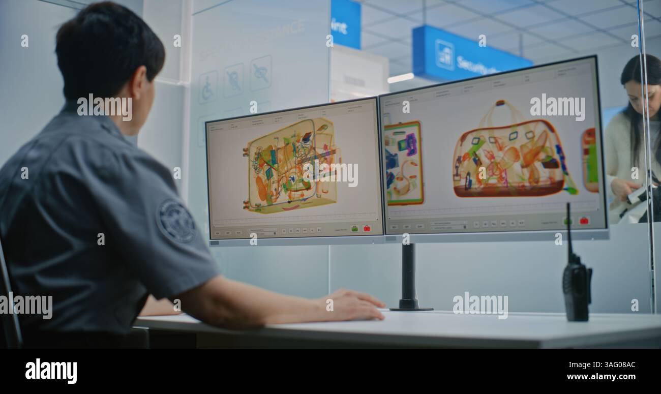 Airport Security Checkpoint: Female Security Officer Monitoring X-ray ...