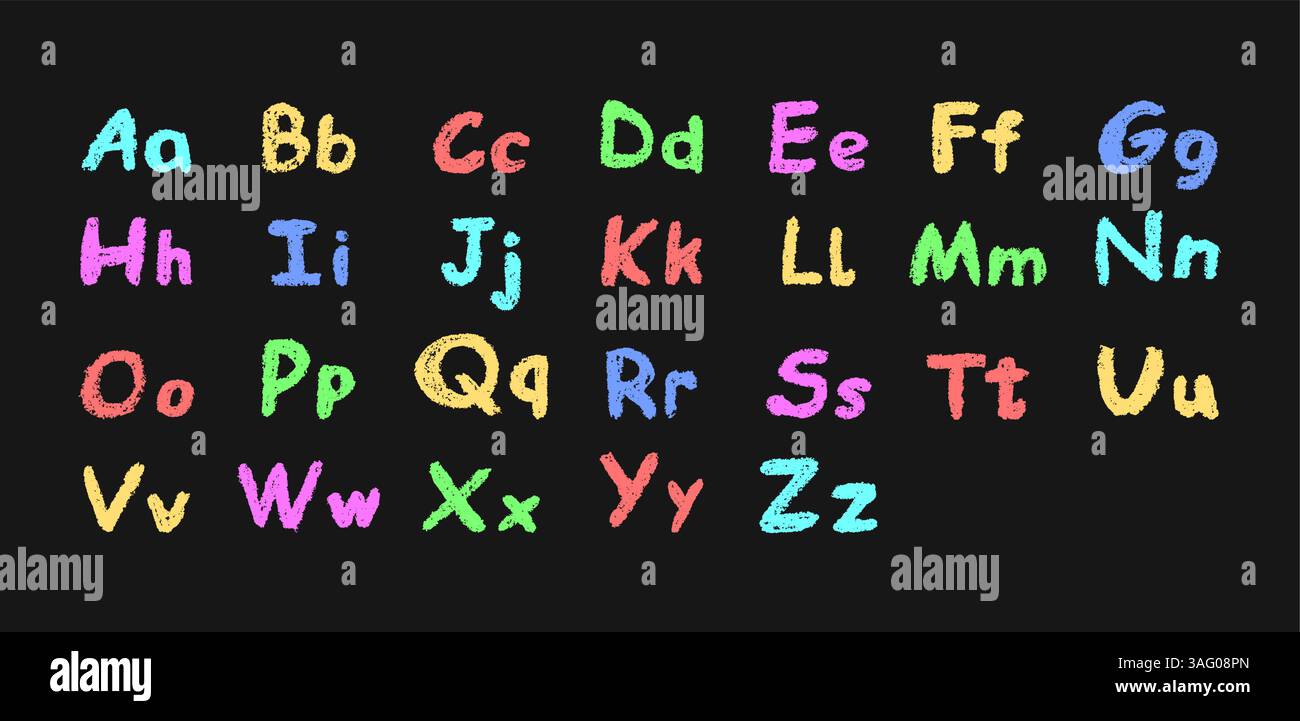 Colorful English alphabet hand-drawn in a crayon. Capital and lowercase ...