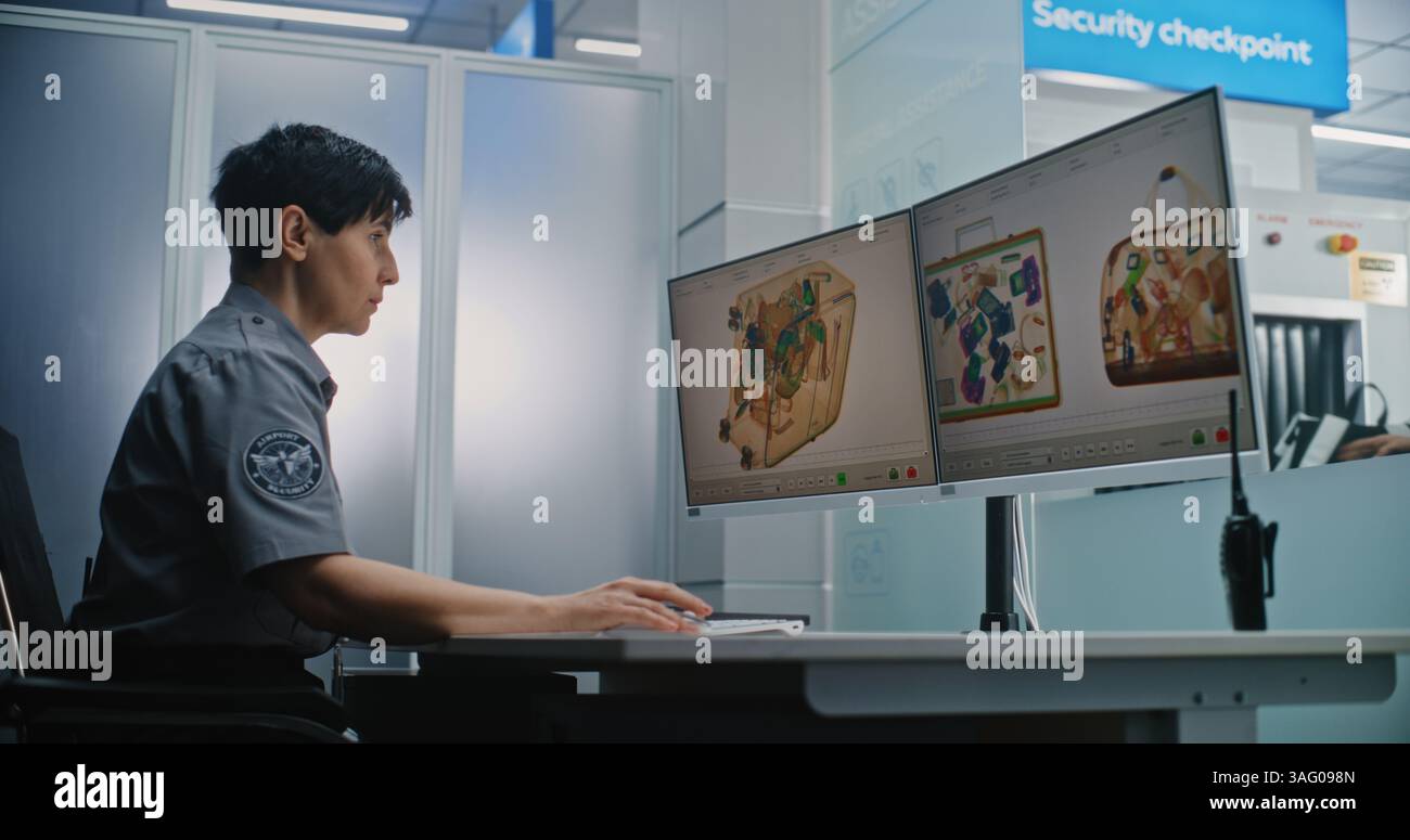 Airport Security Checkpoint: Female TSA Worker Controlling X-ray Metal ...