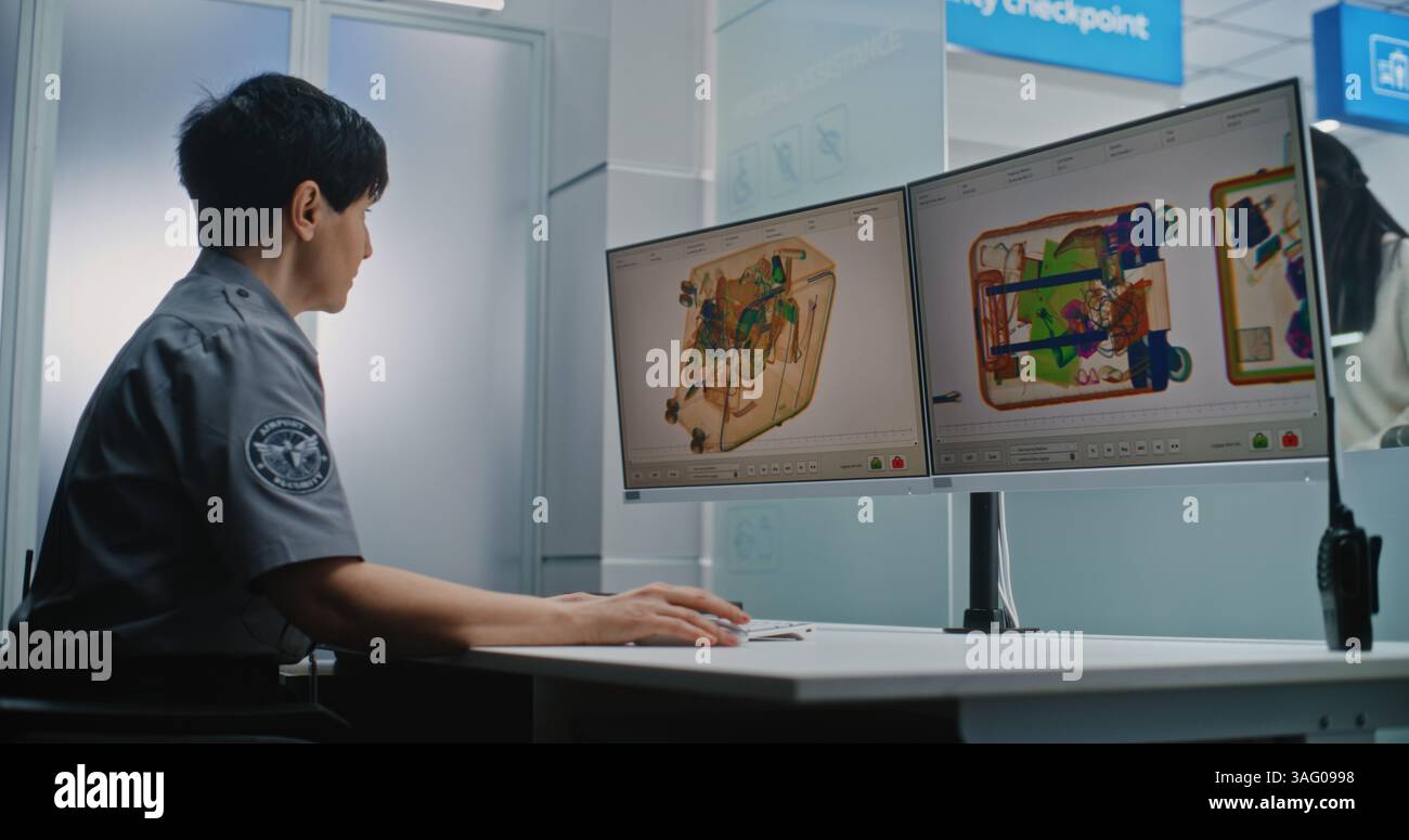 Airport Security Checkpoint: Female Security Officer Monitoring X-ray ...