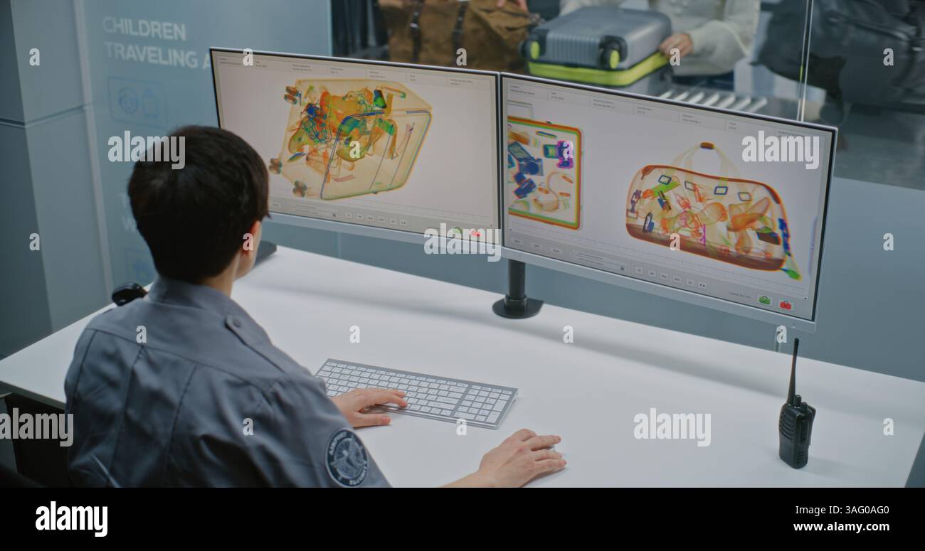 Airport Terminal Checkpoint: Female Security Officer Monitoring X-ray ...
