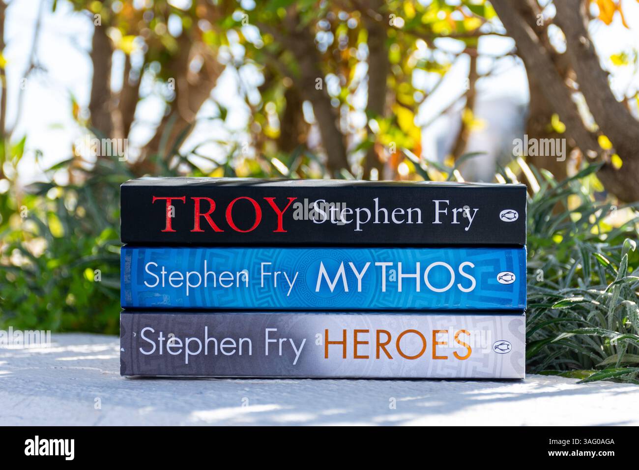 Close-up of Stephen Fry's Troy, Mythos, and Heroes books in the garden ...