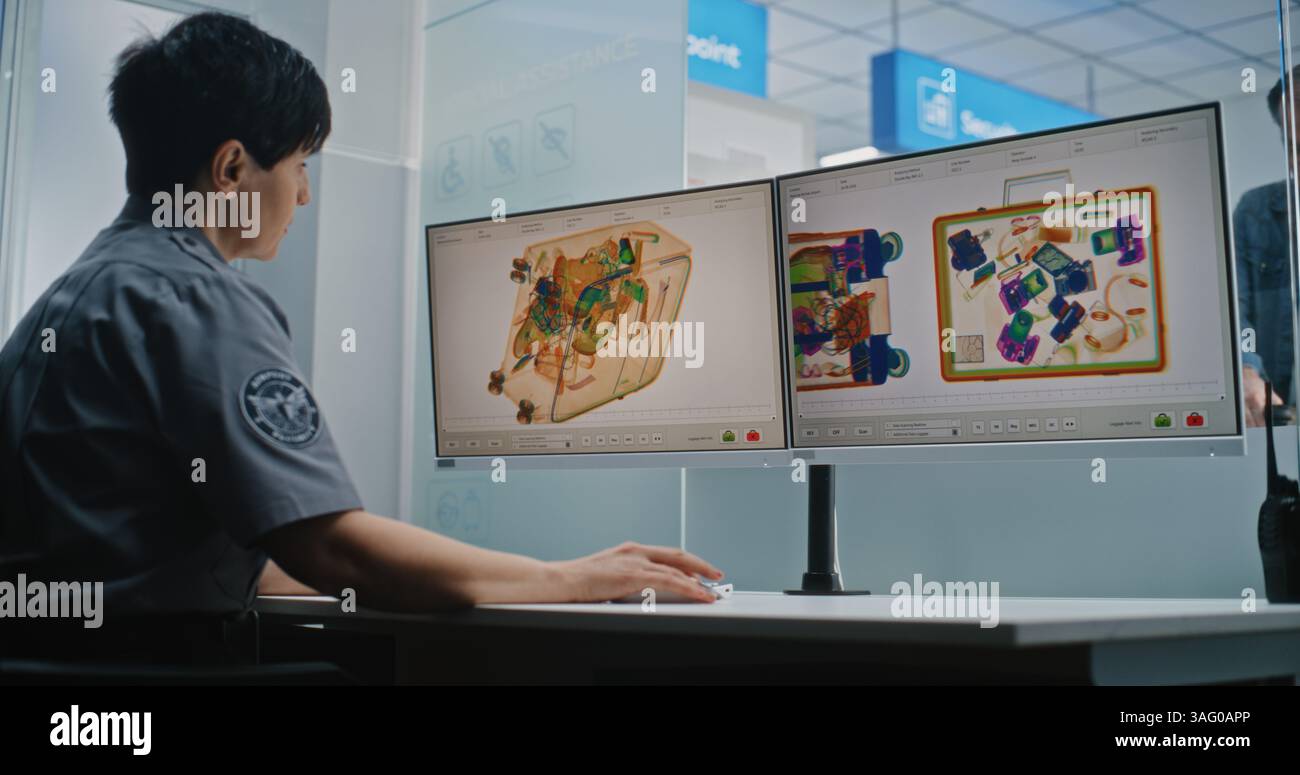 Airport Security Checkpoint: Female TSA Worker Controlling X-ray Metal ...
