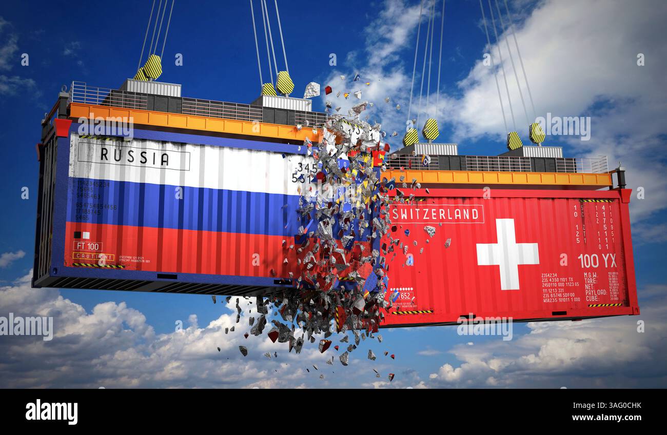 Cargo containers with flags of Russia and Switzerland - 3D illustration ...