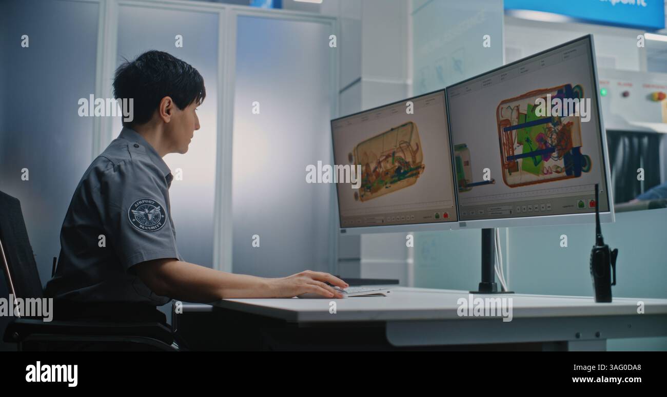 Airport Security Checkpoint: Female Security Officer Monitoring X-ray ...