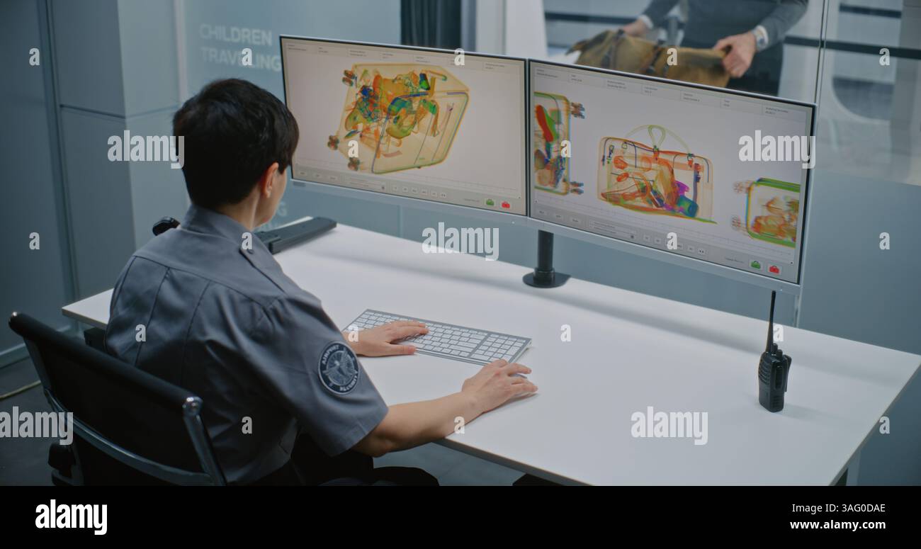 Airport Security Checkpoint: Female TSA Worker Controlling X-ray Metal ...