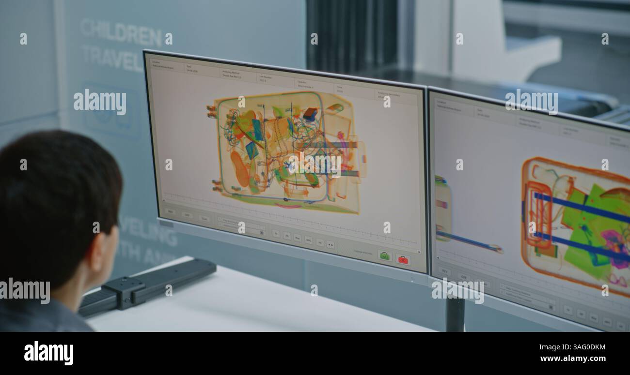 Airport Security Checkpoint: Female TSA Worker Controlling X-ray Metal Detector Scanning of ...