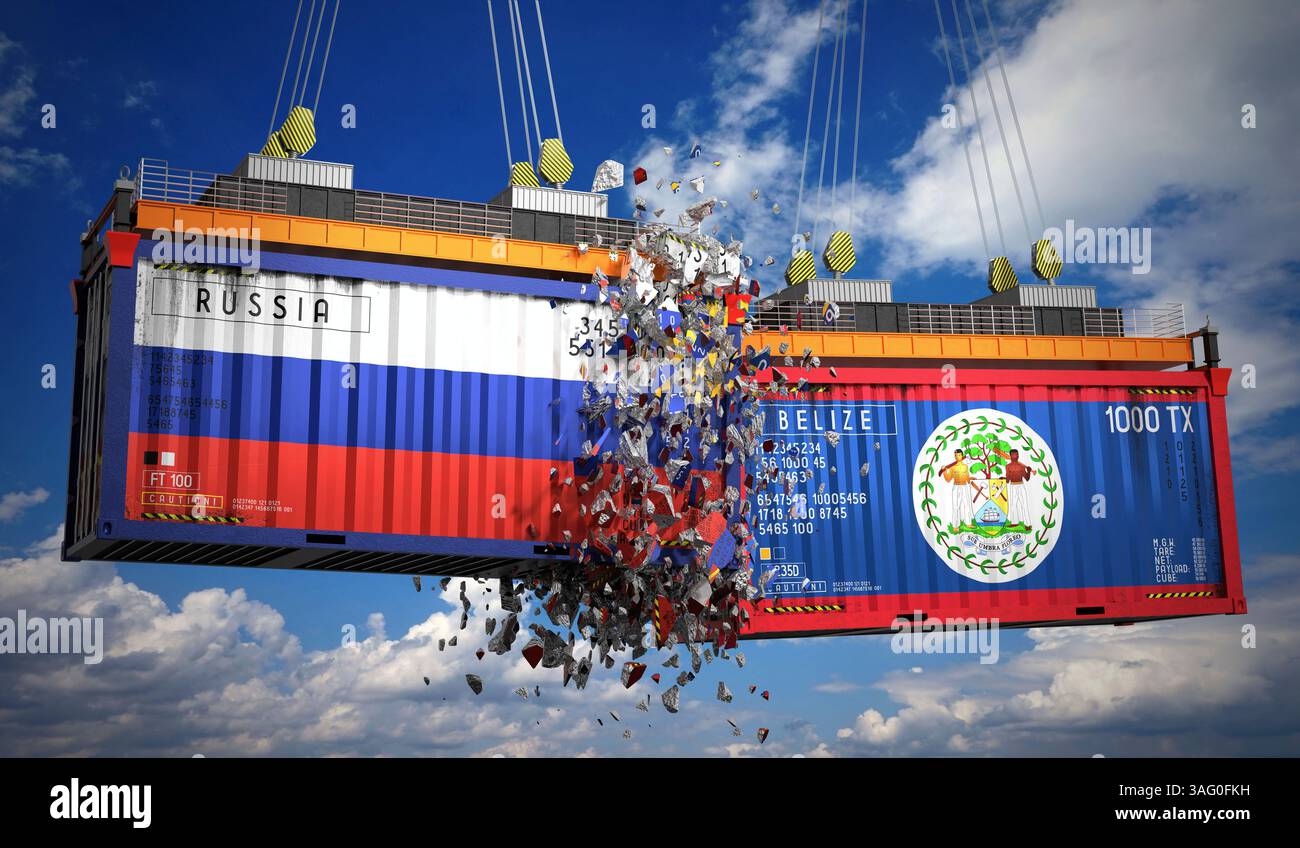 Cargo containers with flags of Russia and Belize - 3D illustration ...