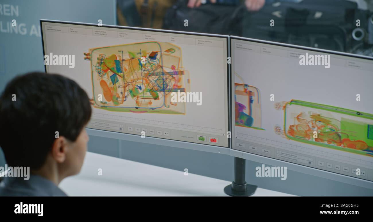 Airport Checkpoint: Female Security Officer Monitoring Metal Detector ...