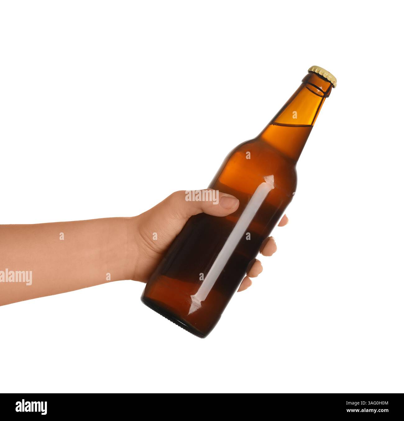 Female hand with bottle of fresh beer on white background Stock Photo ...