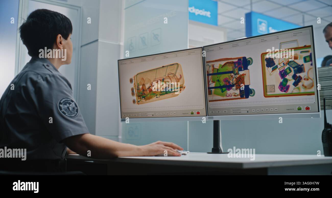 Airport Security Checkpoint: Female Security Officer Monitoring X-ray ...