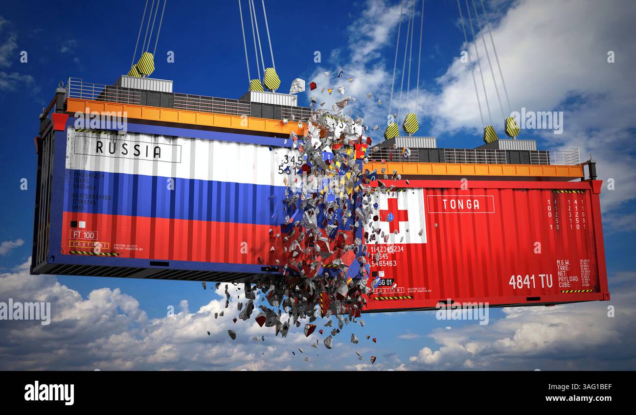 Cargo containers with flags of Russia and Tonga - 3D illustration Stock ...