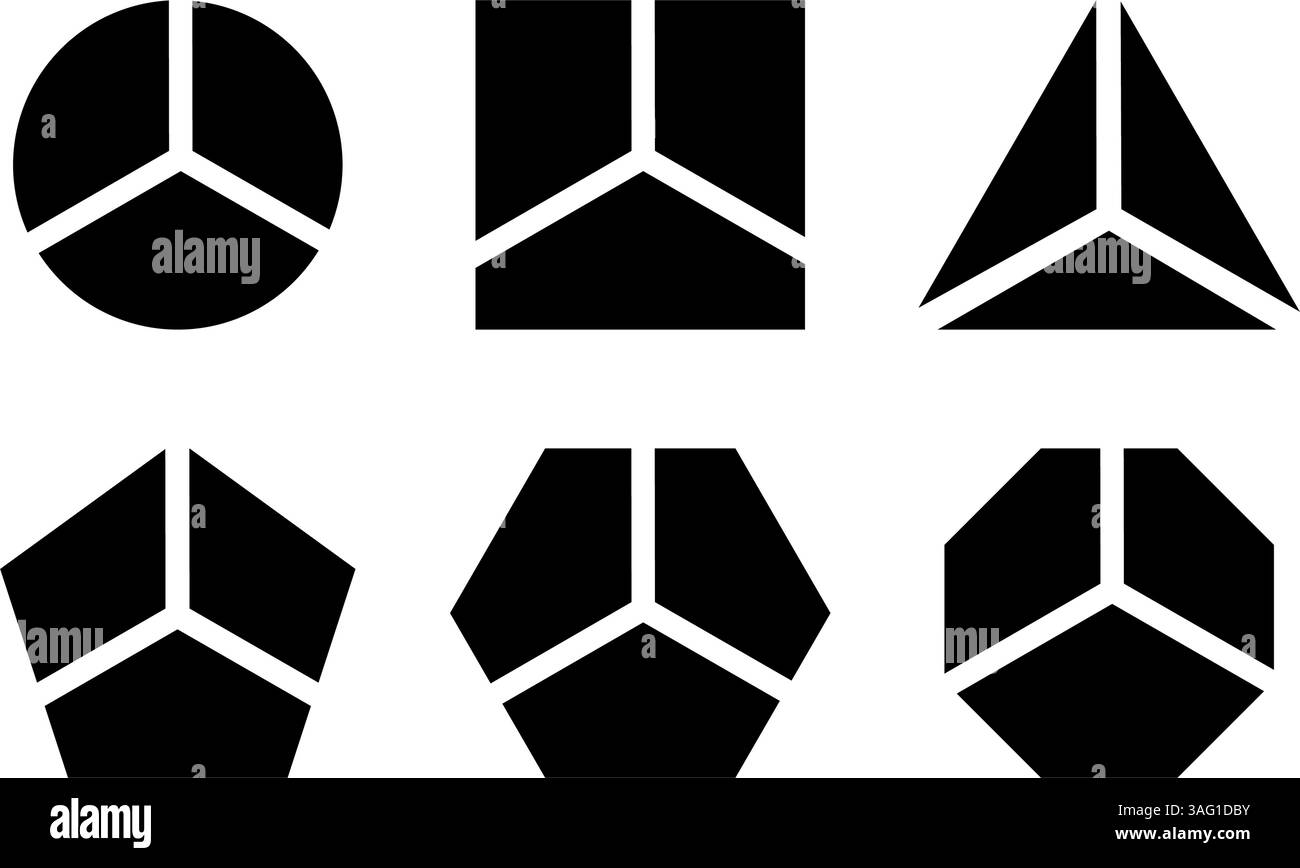 Geometric shapes divided into 3 sectors isolated on white background. Round, square and triangle ...