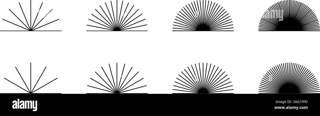 Straight radial lines in semicircle shapes. Set of sun rays icons ...