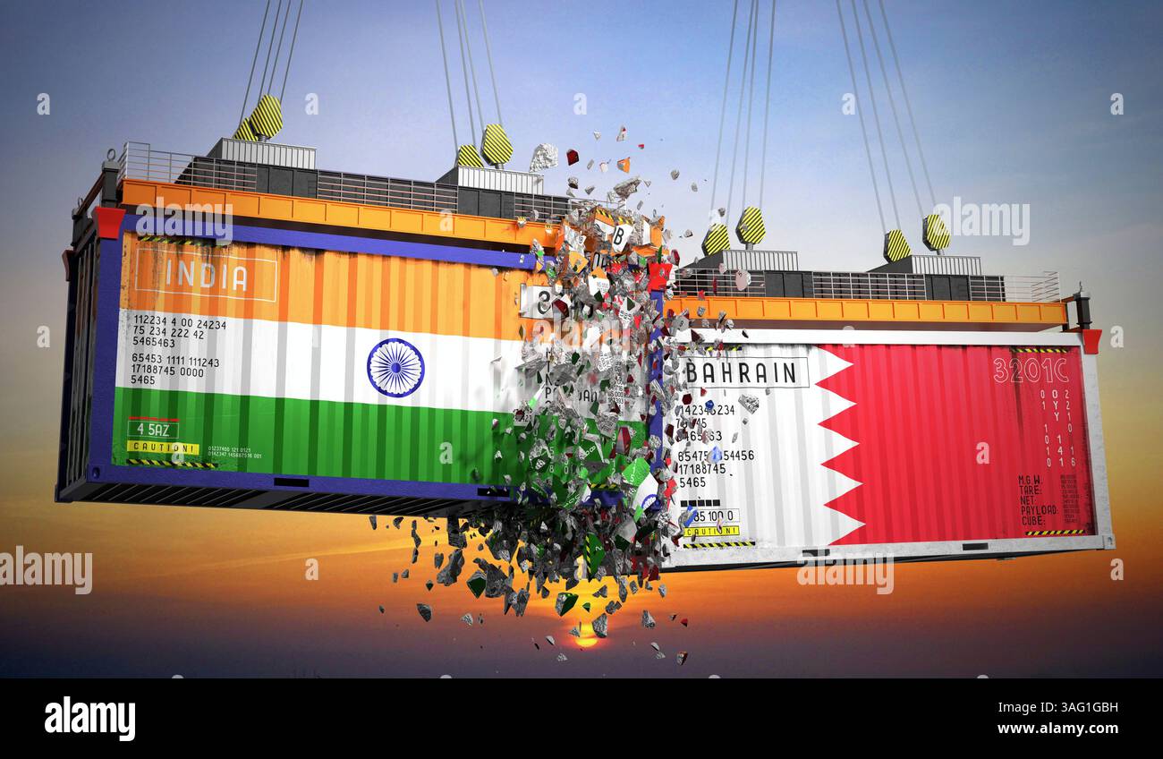 Cargo containers with flags of India and Bahrain - 3D illustration ...