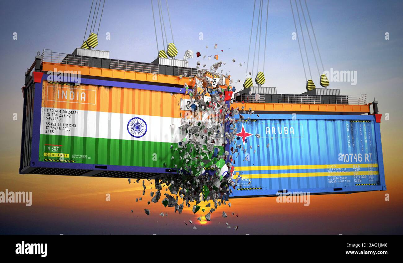 Cargo containers with flags of India and Aruba - 3D illustration Stock ...