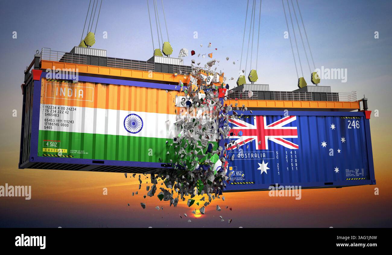 Cargo containers with flags of India and Australia - 3D illustration ...